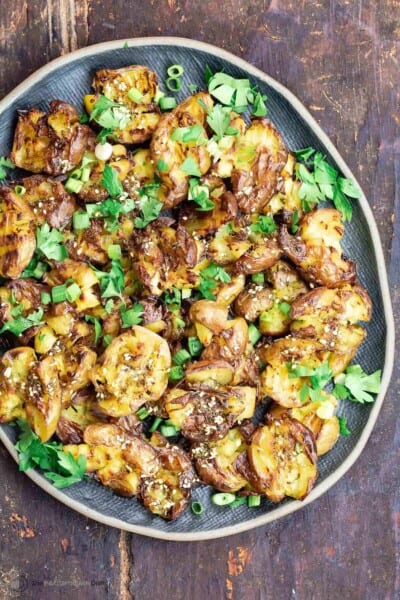 Crispiest Garlic Smashed Potatoes l The Mediterranean Dish