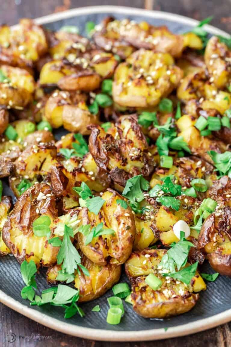 Crispiest Garlic Smashed Potatoes l The Mediterranean Dish