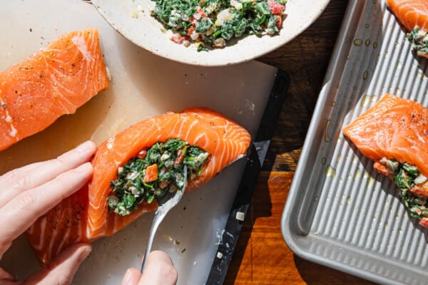 Stuffed Salmon Recipe with Spinach and Roasted Red Peppers