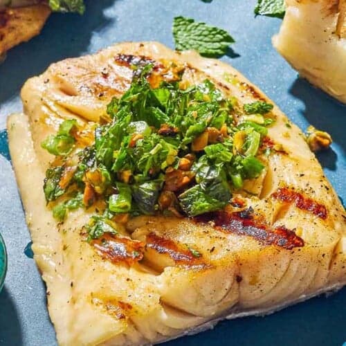 Grilled Cod with Pistachio Herb Salsa | The Mediterranean Dish