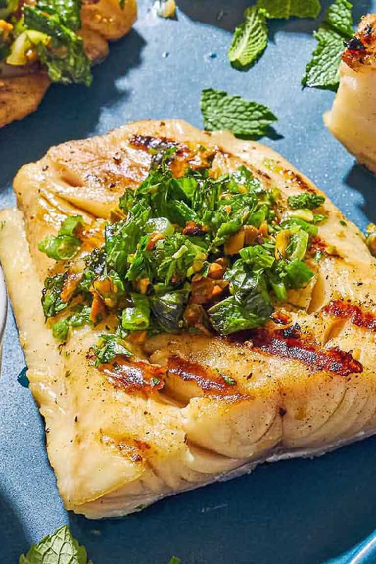 Grilled Cod with Pistachio Herb Salsa | The Mediterranean Dish