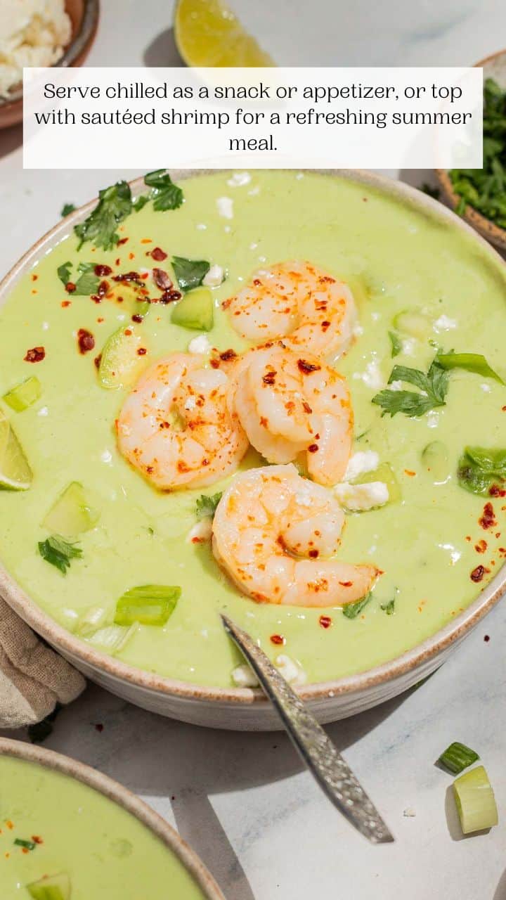 Chilled Avocado Soup with Greek Yogurt, Cucumber and Shrimp - The Mediterranean Dish