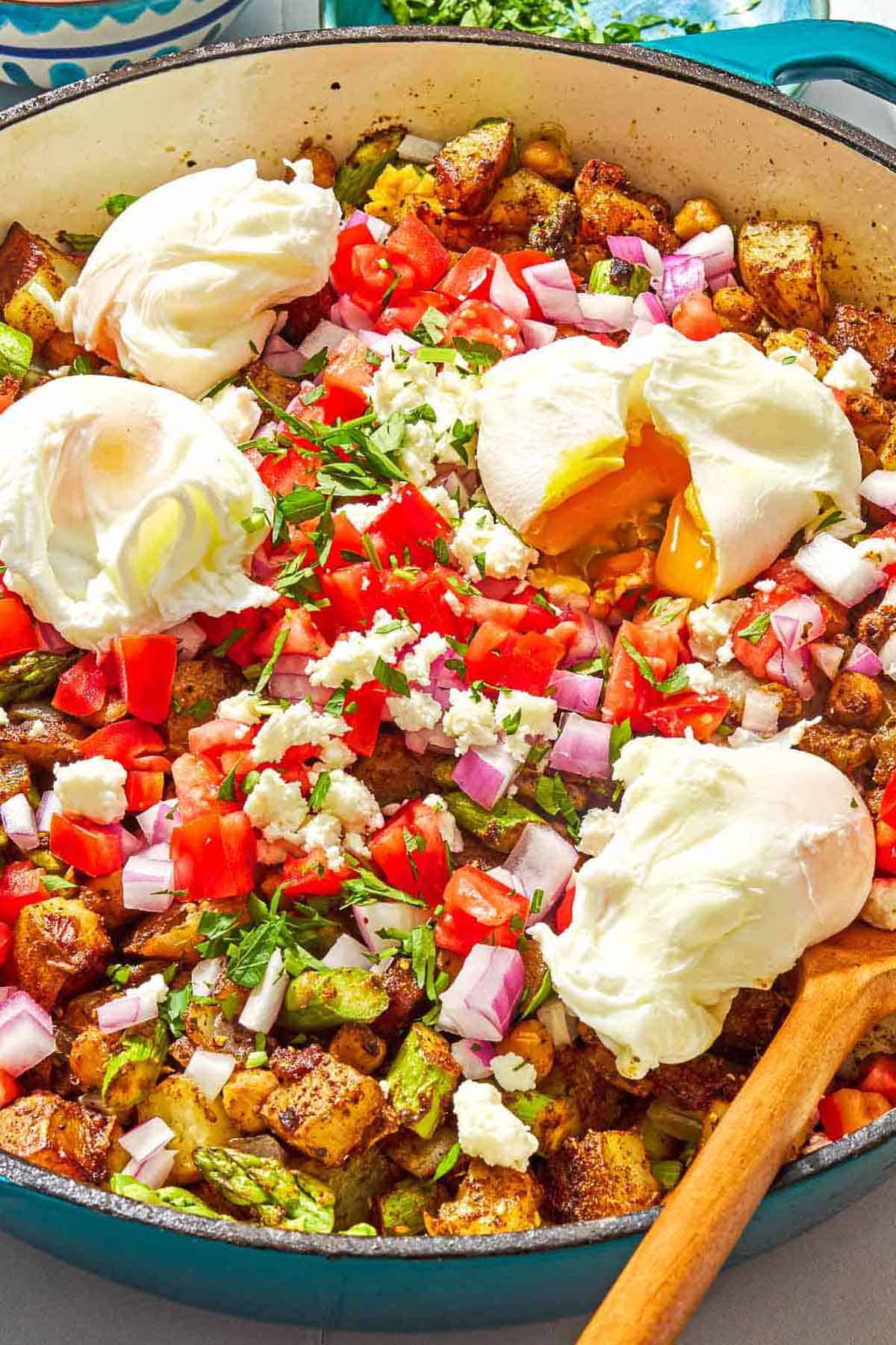 Mediterranean Breakfast Potato Hash with Feta and Poached Eggs