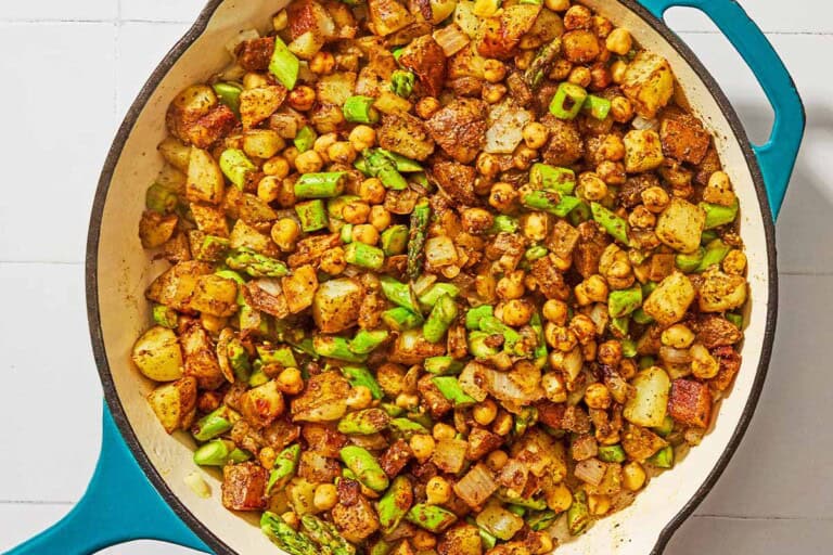 Mediterranean Breakfast Potato Hash with Feta and Poached Eggs