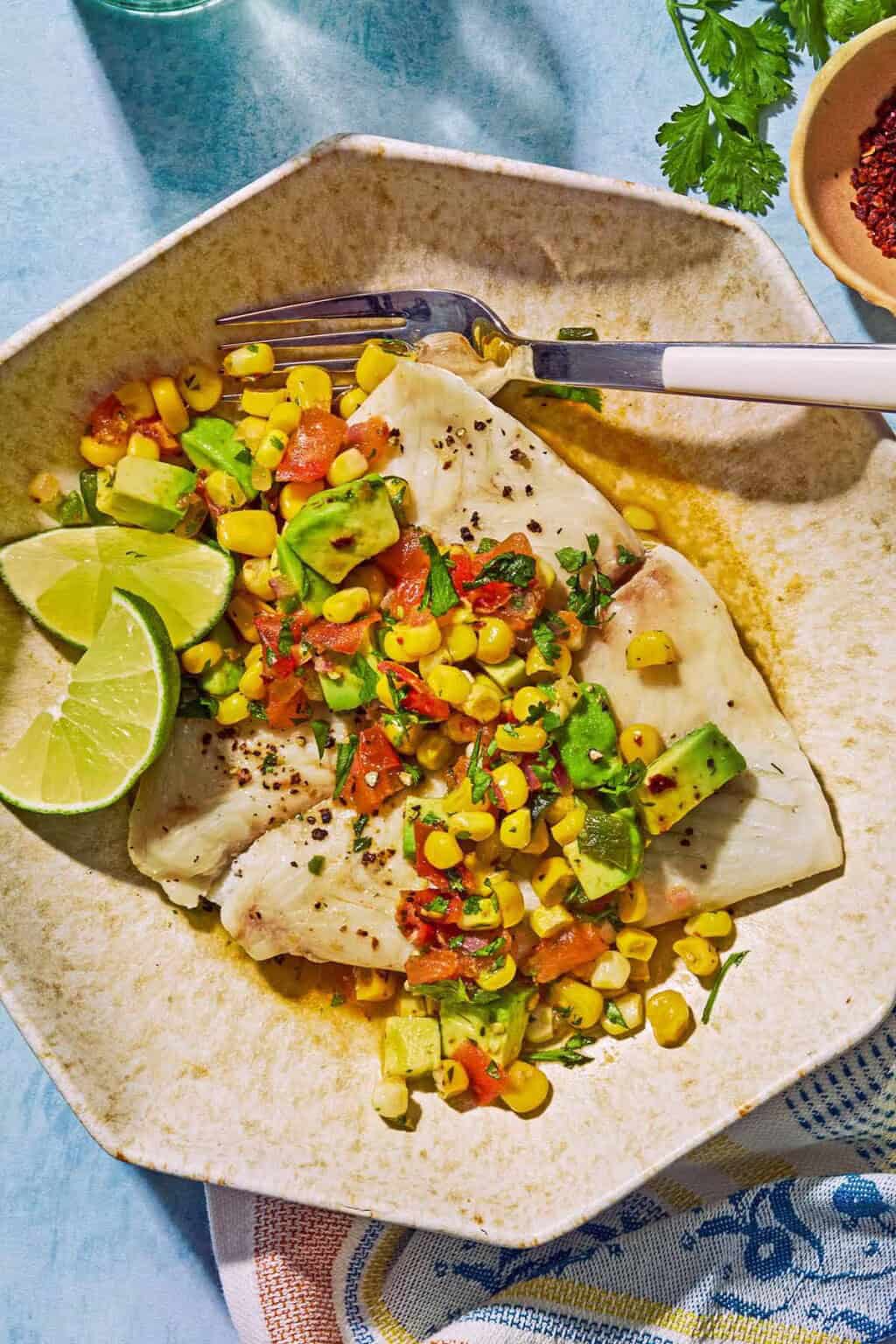 Poached Flounder with Sweet Corn Salsa |The Mediterranean Dish
