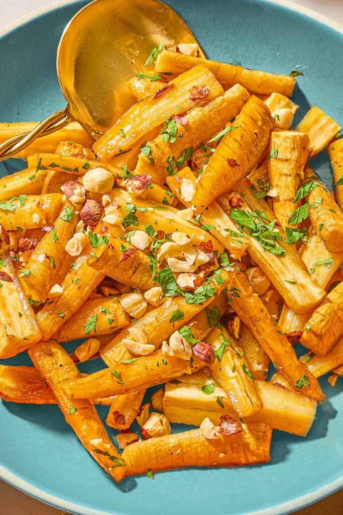 Honey Dijon Roasted Parsnips with Hazelnuts